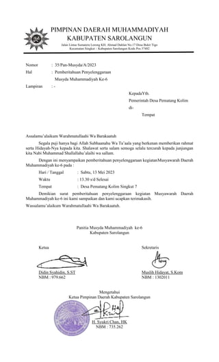 Pemberitahuan Penyelenggaraan Musyda Muhammadiyah Ke-6 | PDF