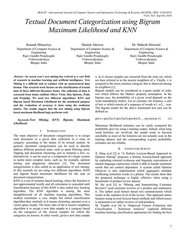 Textual Document Categorization Using Bigram Maximum Likelihood And Knn Pdf Computer