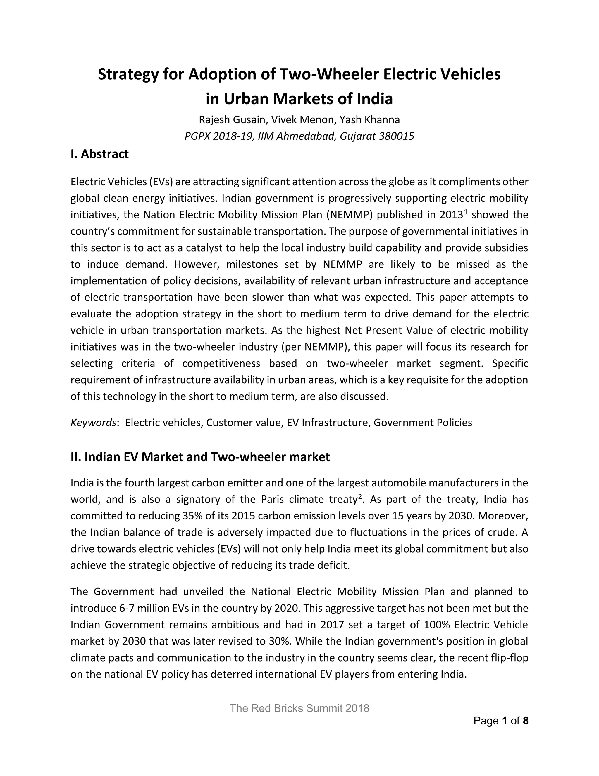 Strategy for Adoption of Two-Wheeler Electric Vehicles in Urban Markets ...