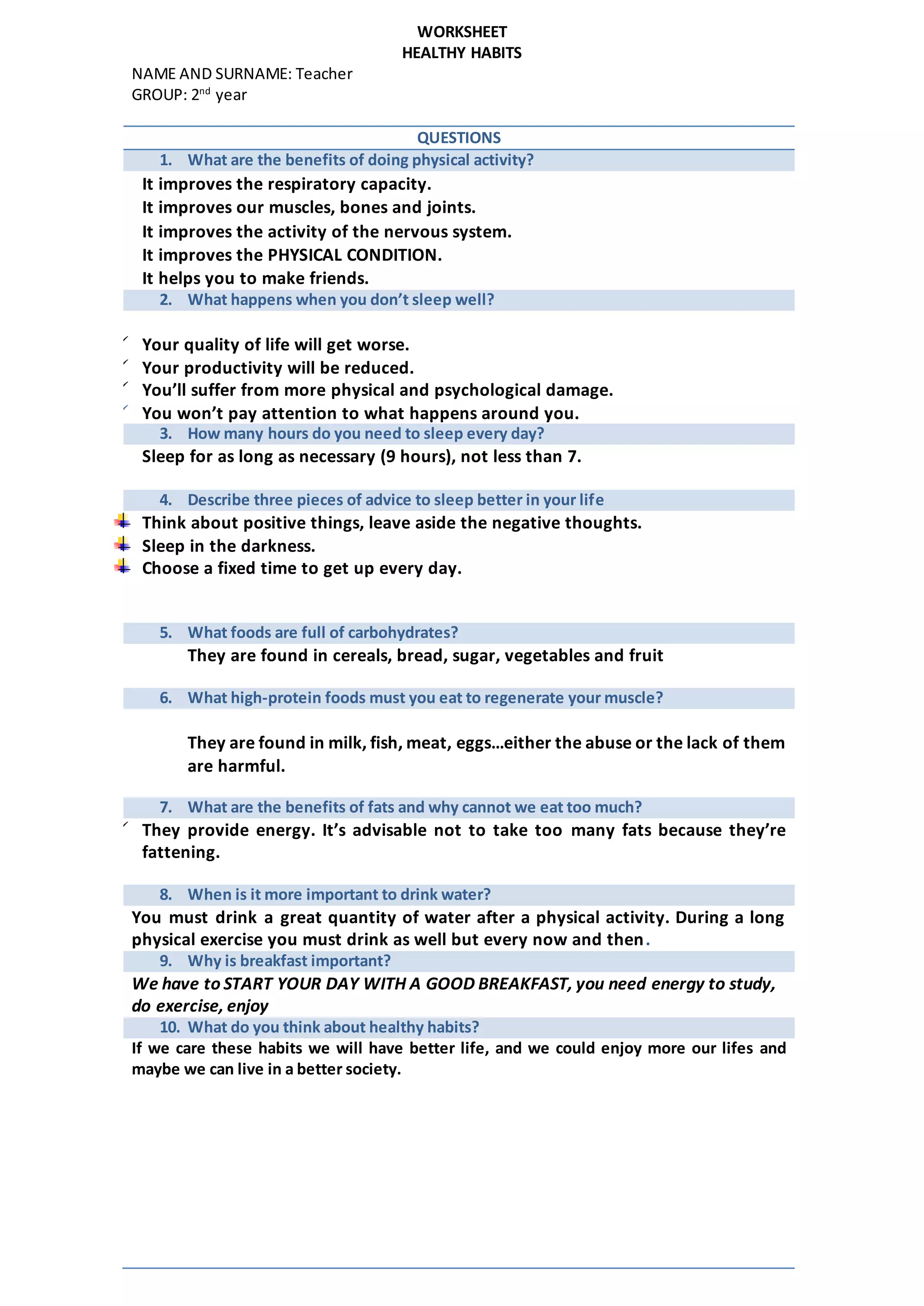 Worksheet healthy habits answers 2nd year | PDF