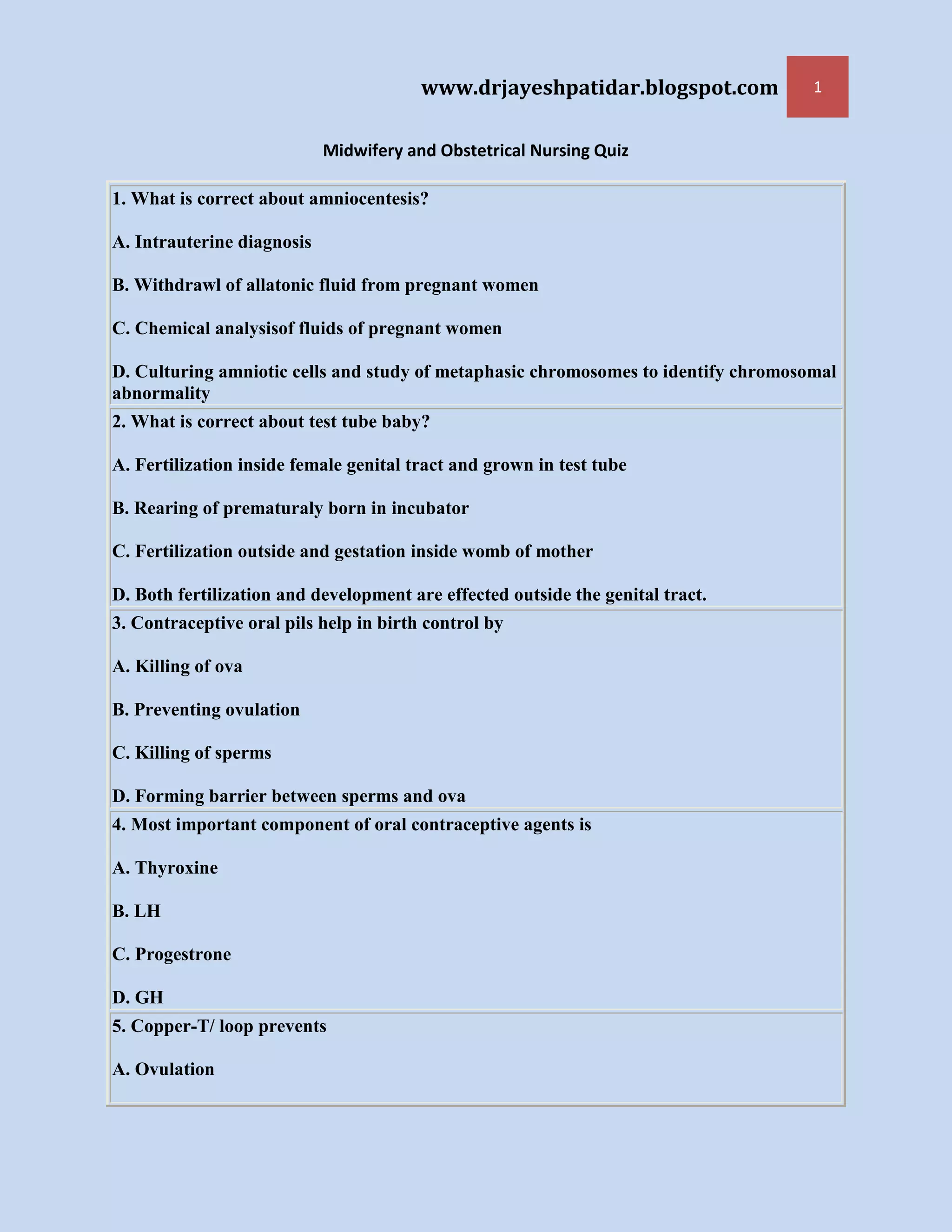 Midwifery and obstetrical nursing quiz | PDF