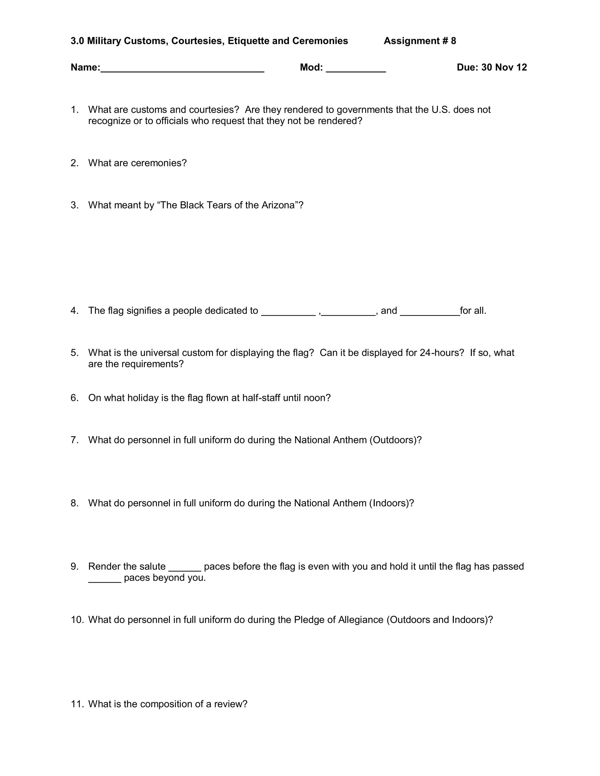 3.0 Military Customs, Courtesies, Etiquette and Ceremonies questions | PDF