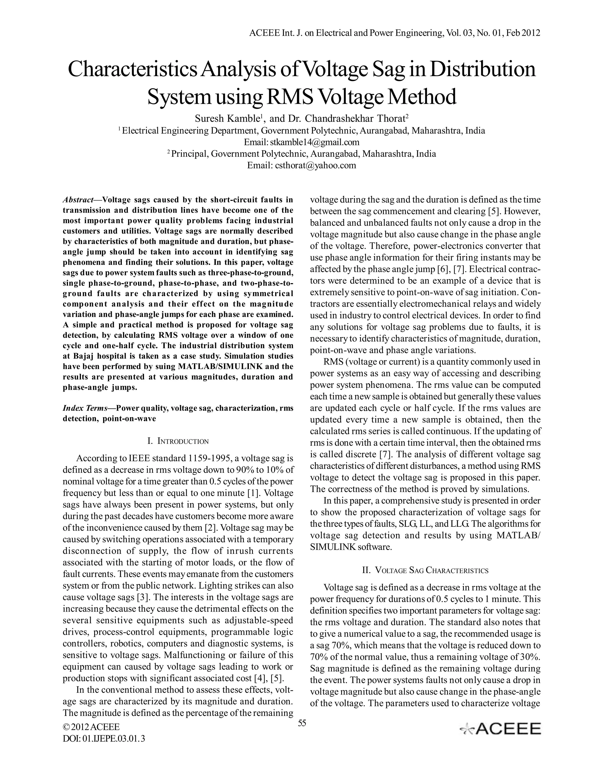 Characteristics Analysis of Voltage Sag in Distribution System using RMS Voltage Method | PDF