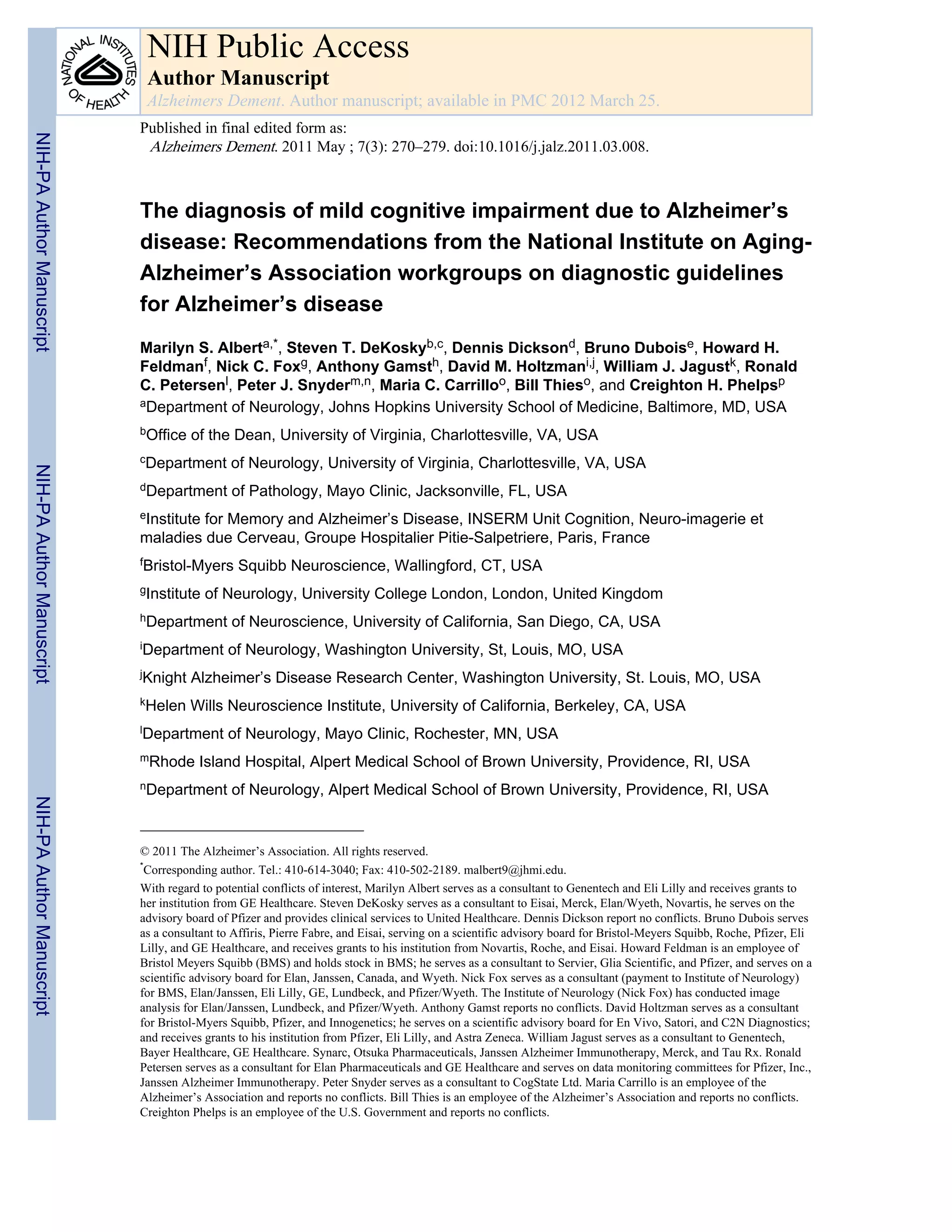 The diagnosis of mild cognitive impairment due to Alzheimer’s disease: | PDF