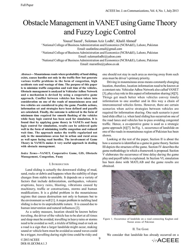 Obstacle Management in VANET using Game Theory and Fuzzy Logic Control ...