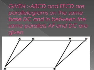To prove that parallelograms on the same base and between the same parallel lines are equal in ...