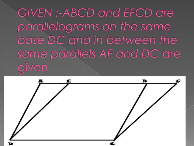 To prove that parallelograms on the same base and between the same parallel lines are equal in ...