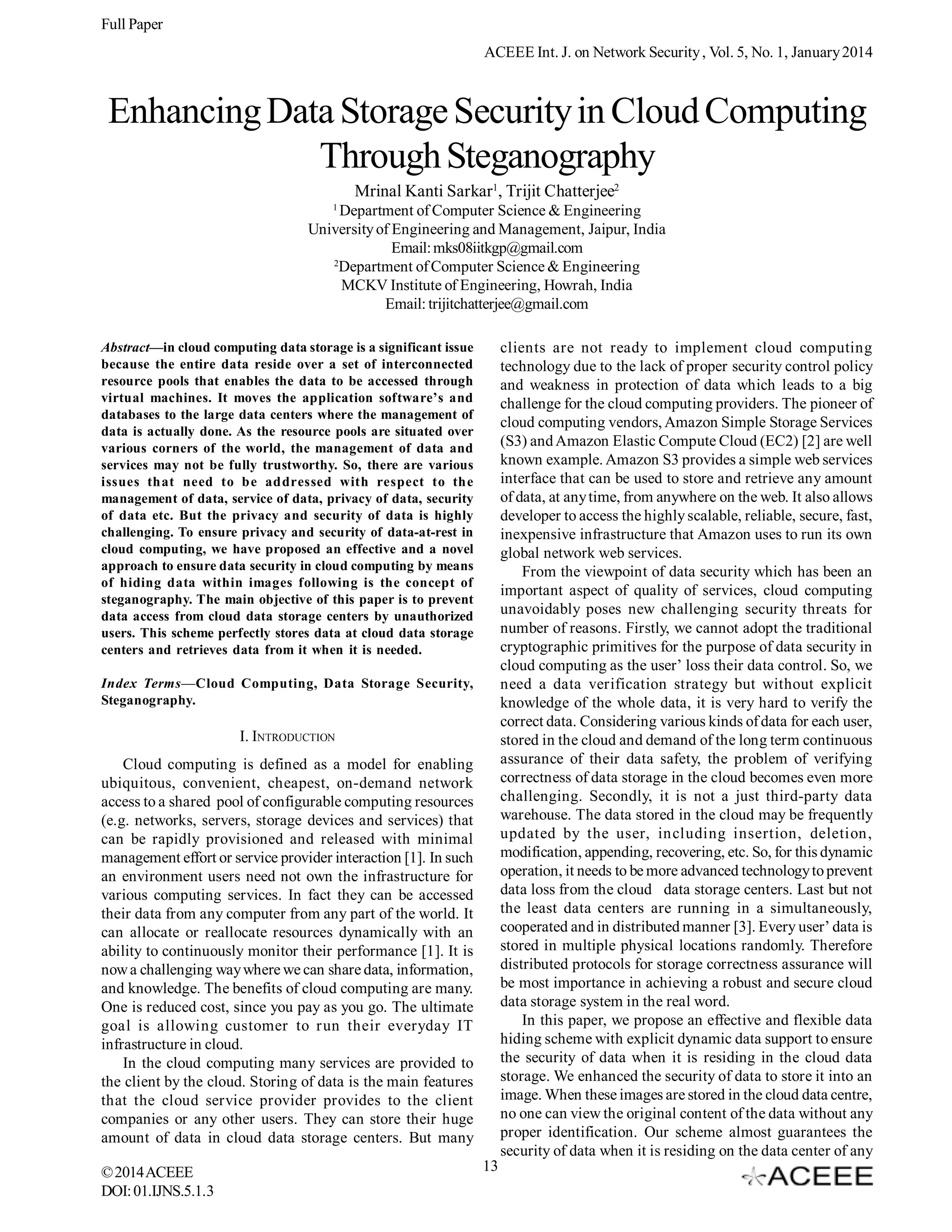 Enhancing Data Storage Security in Cloud Computing Through Steganography | PDF
