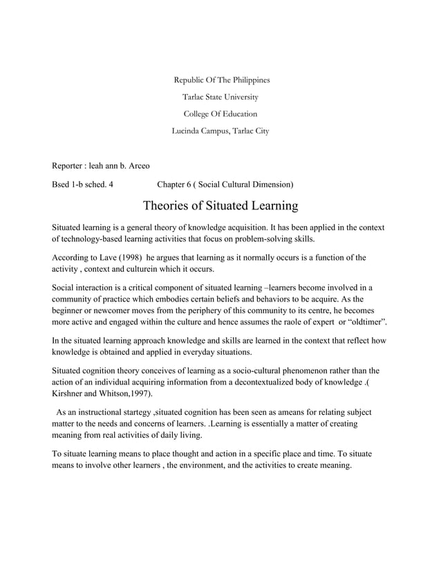 3. theories of situated learning leah arceo | DOCX | Education