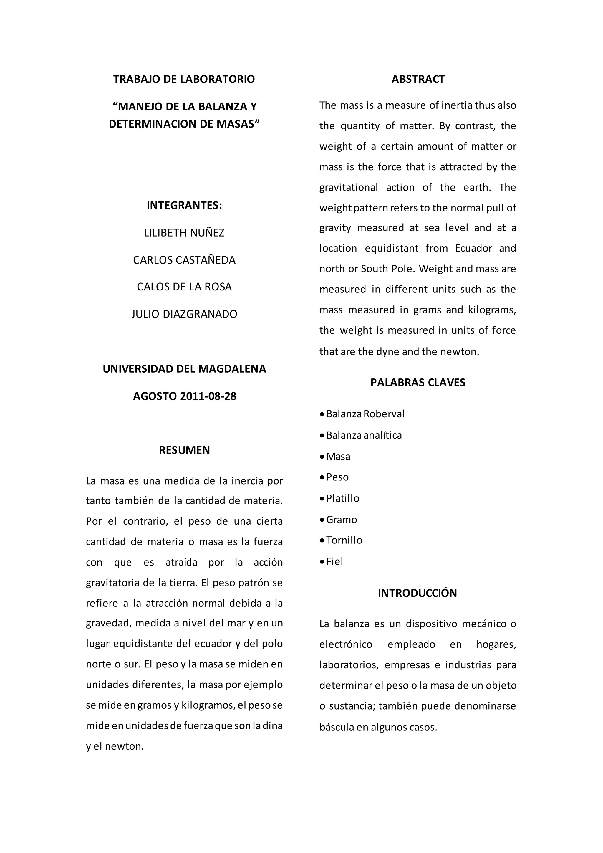 3.manejo de balanza y determinacion de masa listo | DOCX