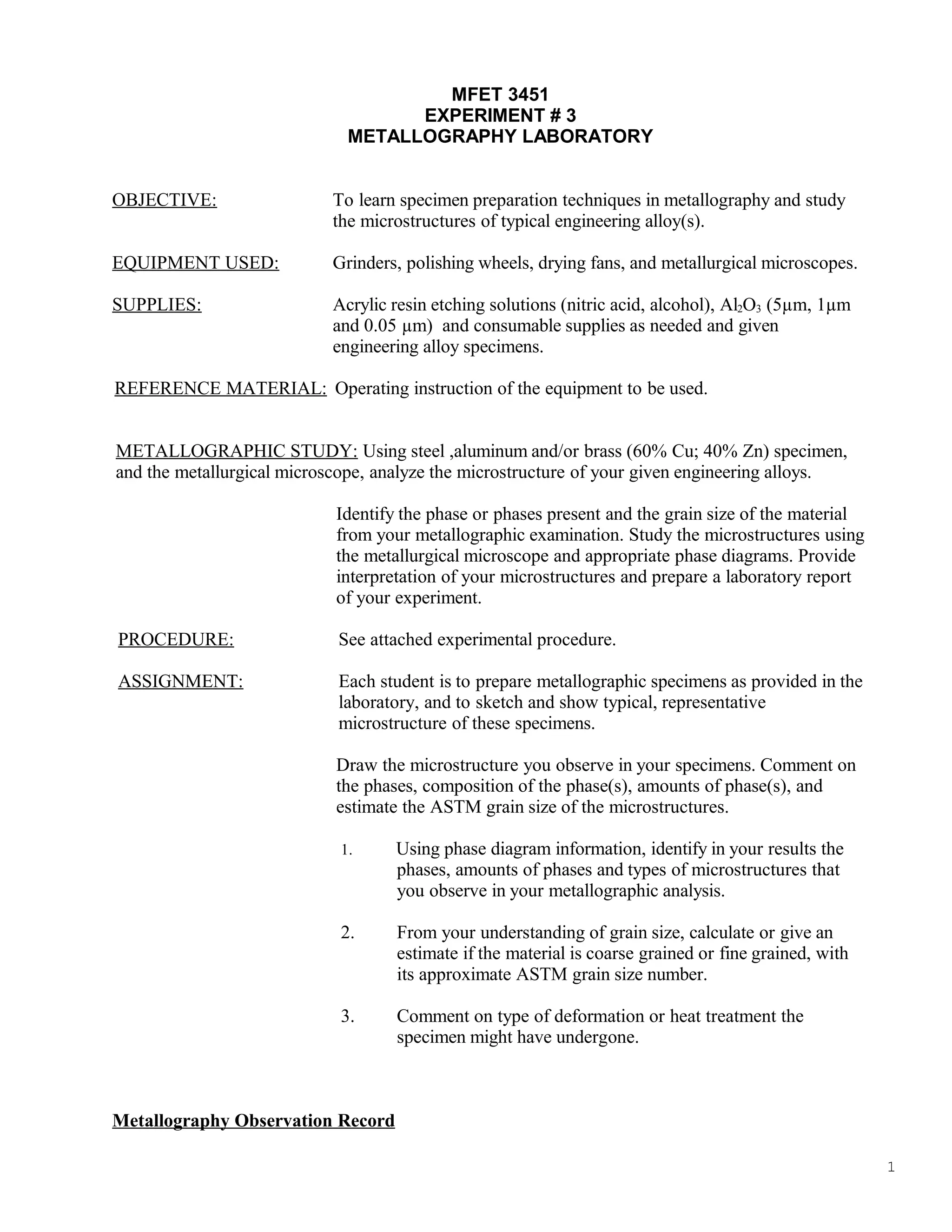 3.metallography experiment (engineering lab) | DOC