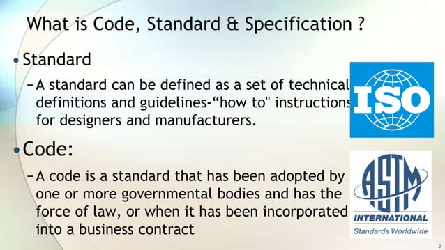 Difference between code, standard & Specification | PPTX | Technology & Computing