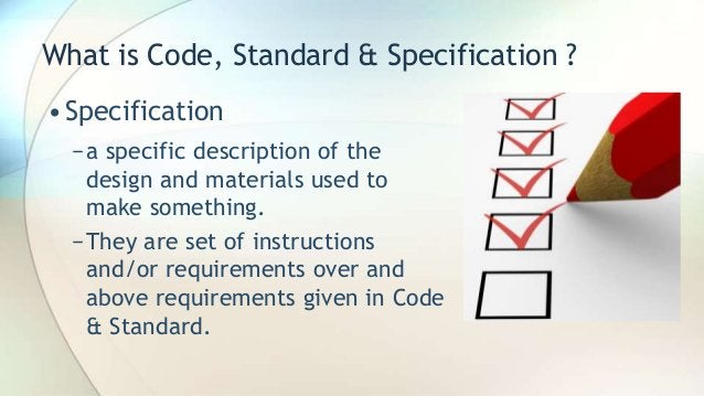 Difference between code, standard & Specification | PPTX | Technology & Computing