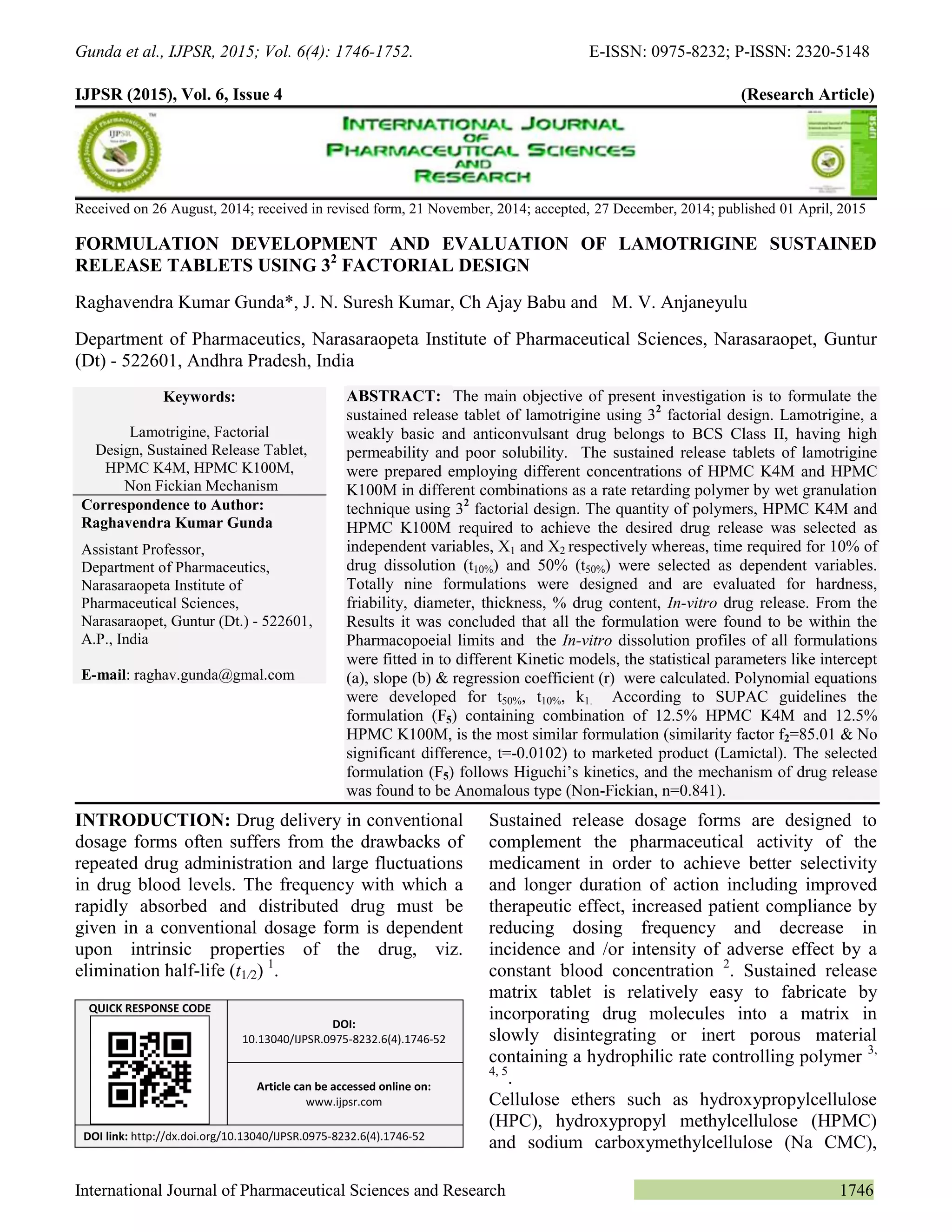 FORMULATION DEVELOPMENT AND EVALUATION OF LAMOTRIGINE SUSTAINED RELEASE TABLETS USING 32 ...