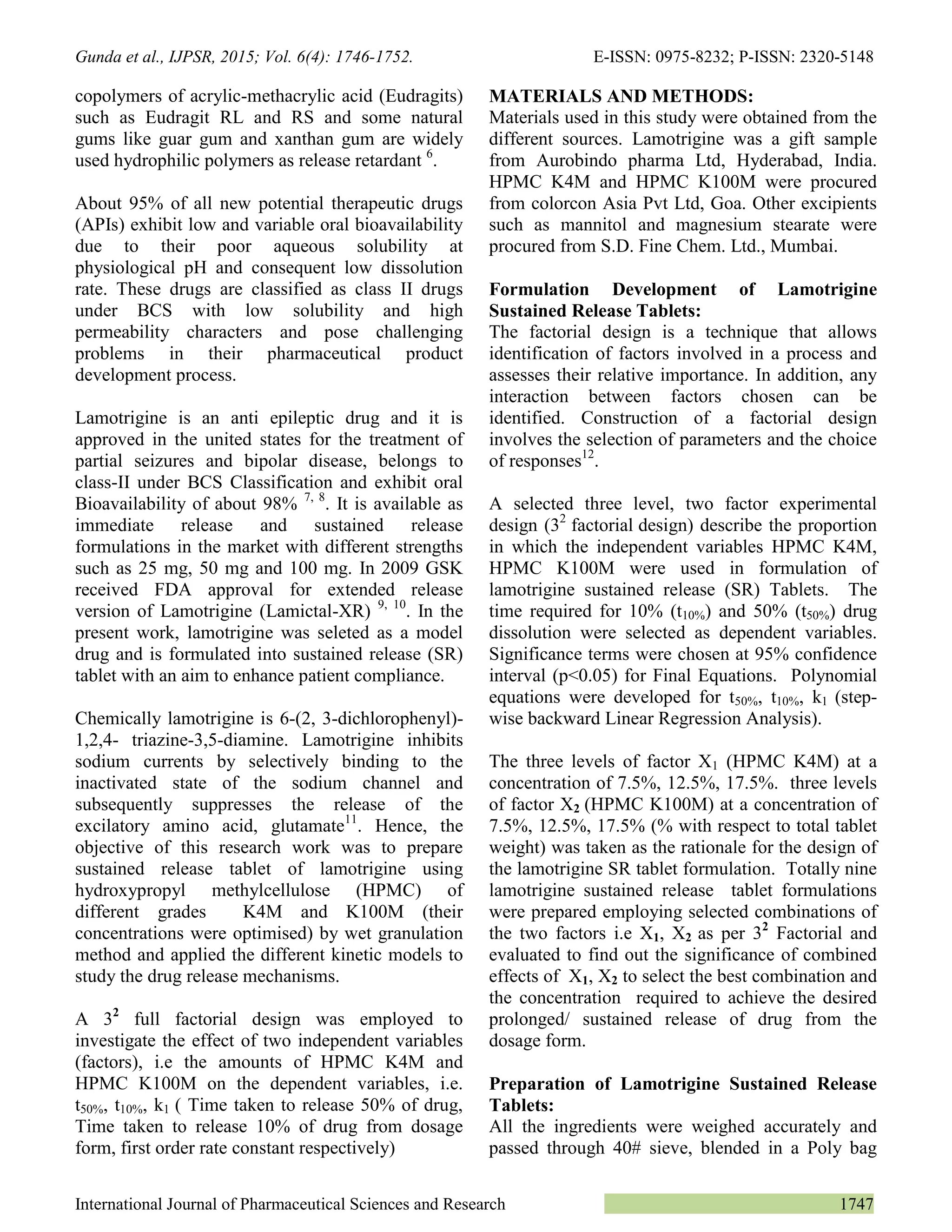 Formulation Development And Evaluation Of Lamotrigine Sustained Release Tablets Using 32