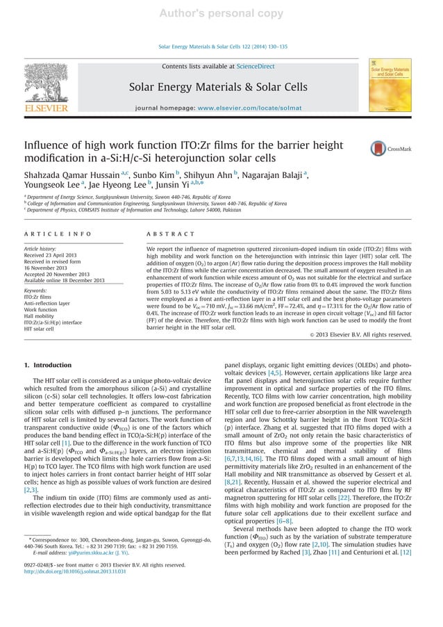Inﬂuence of high work function ITO:Zr ﬁlms for the barrier height ...