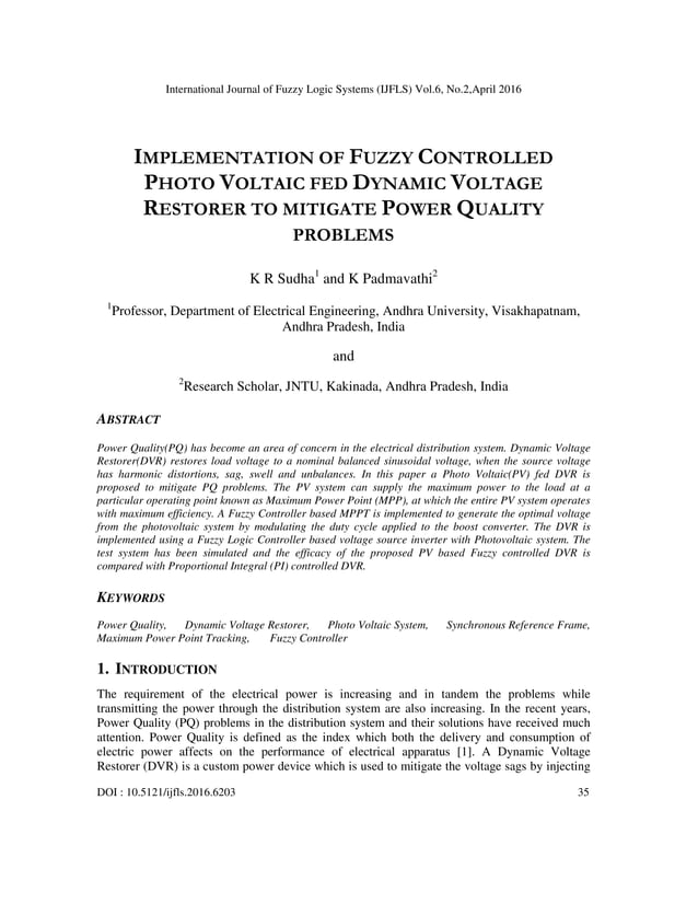 Implementation of Fuzzy Controlled Photo Voltaic Fed Dynamic Voltage Restorer to Mitigate Power ...