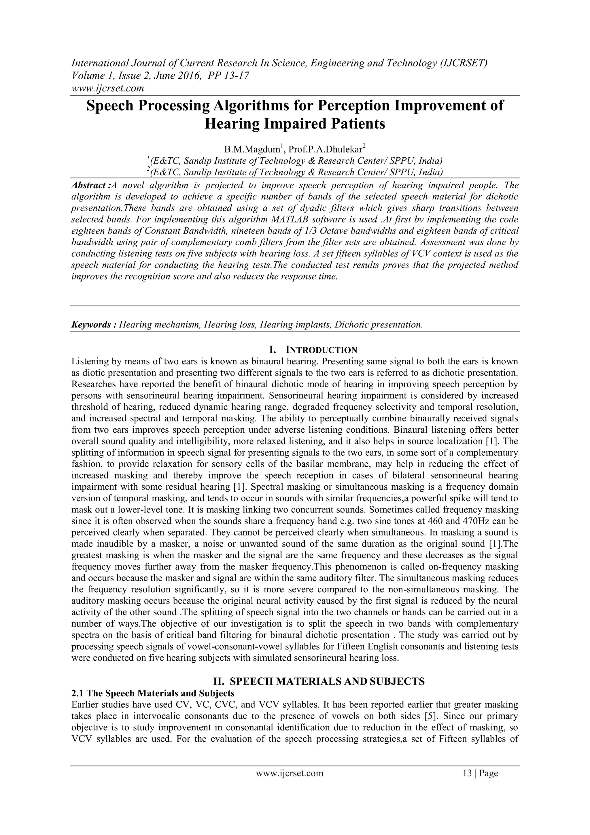 3. speech processing algorithms for perception improvement of hearing impaired patients | PDF