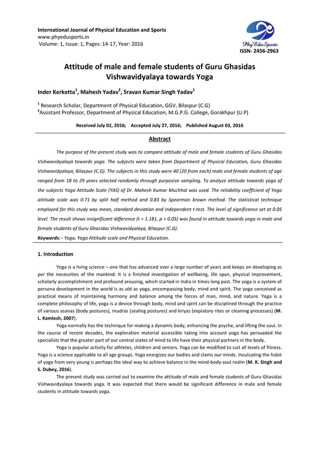 Attitude of male and female students of Guru Ghasidas Vishwavidyalaya towards Yoga | PDF