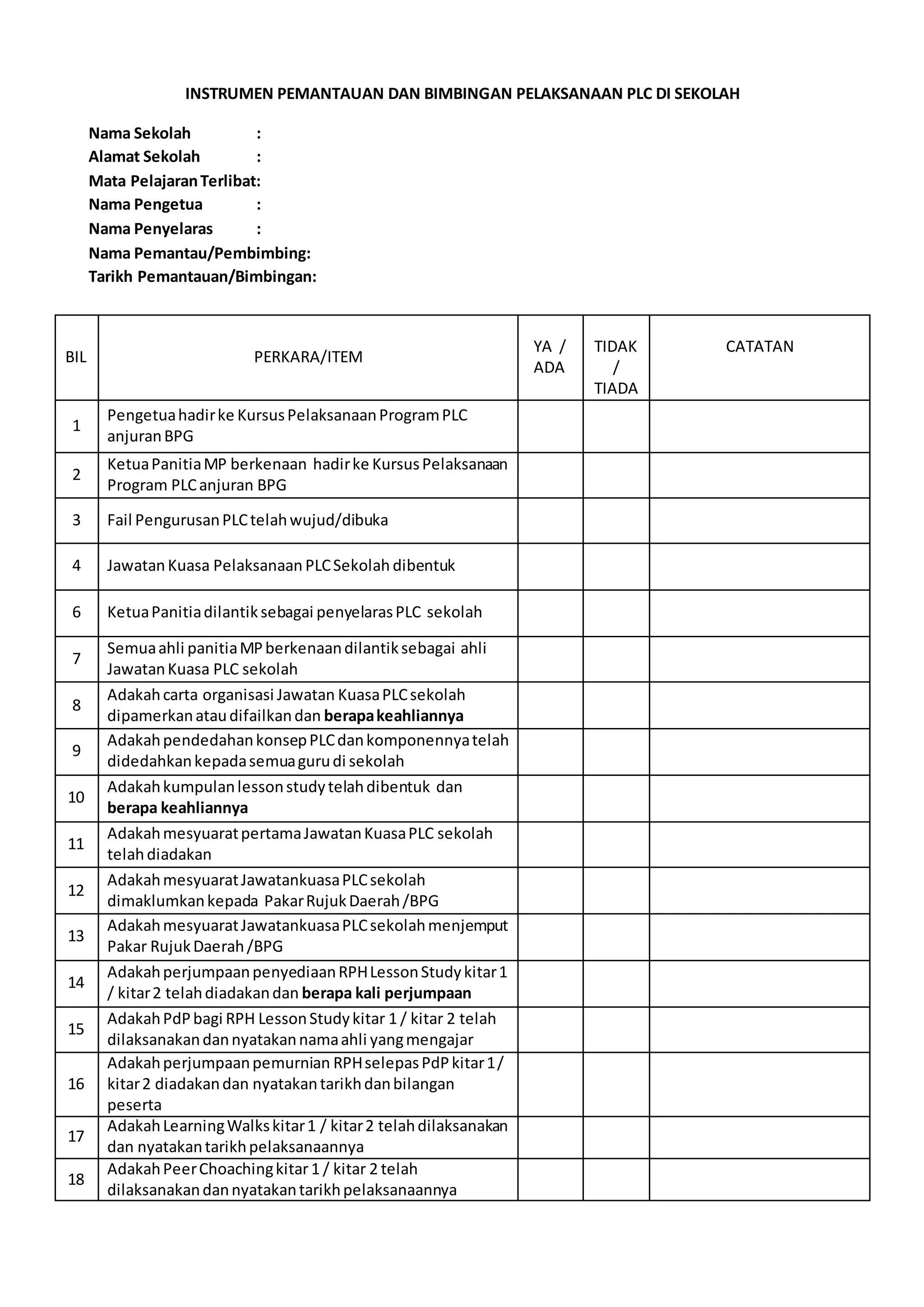 3. format instrumen pemantauan plc di sekolah 2 | DOCX