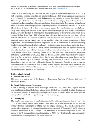 PRELIMINARY STUDY ON THE CHARACTERIZATION OF OIL FROM NURSE TETRA ...