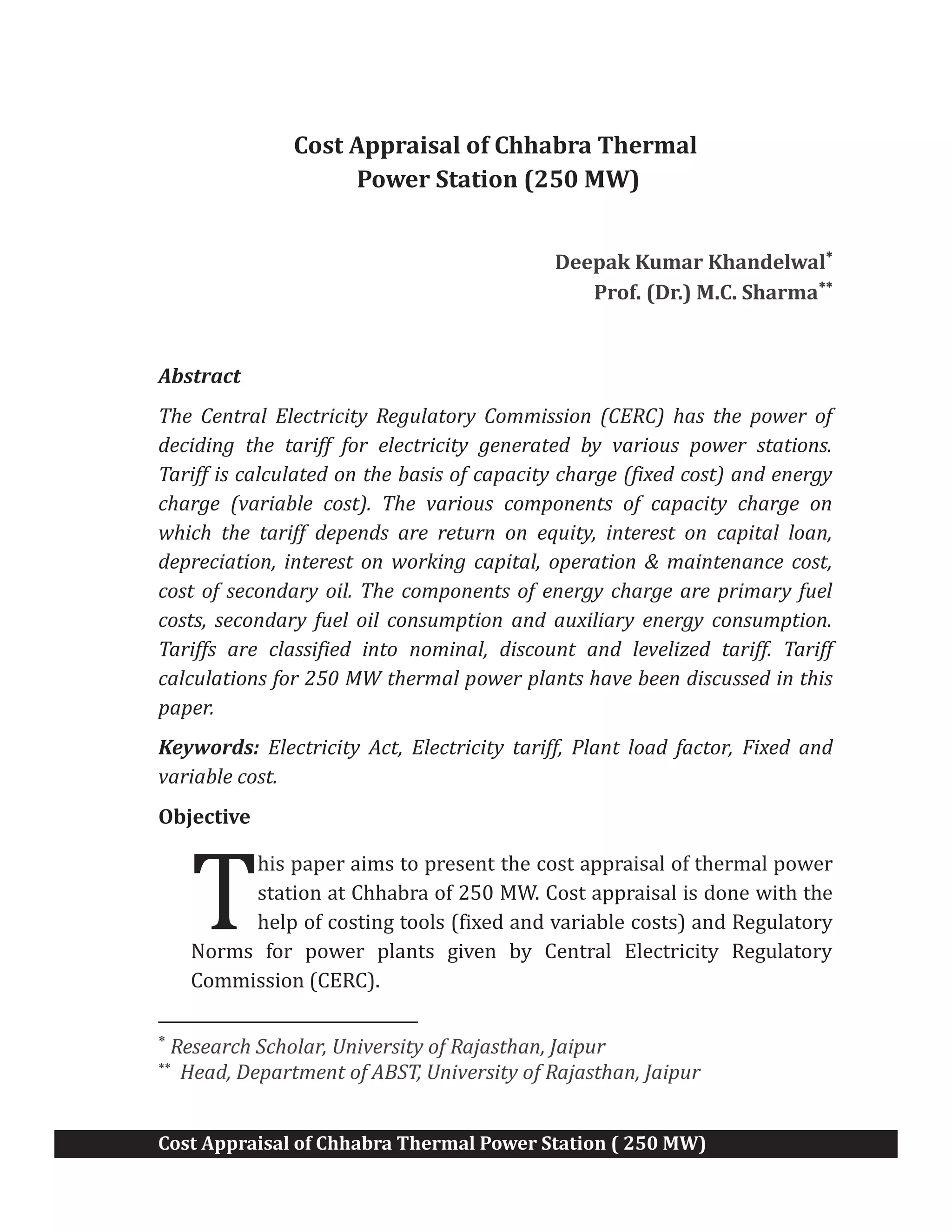 Cost Appraisal of Chhabra Thermal Power Station(250 mw) | PDF