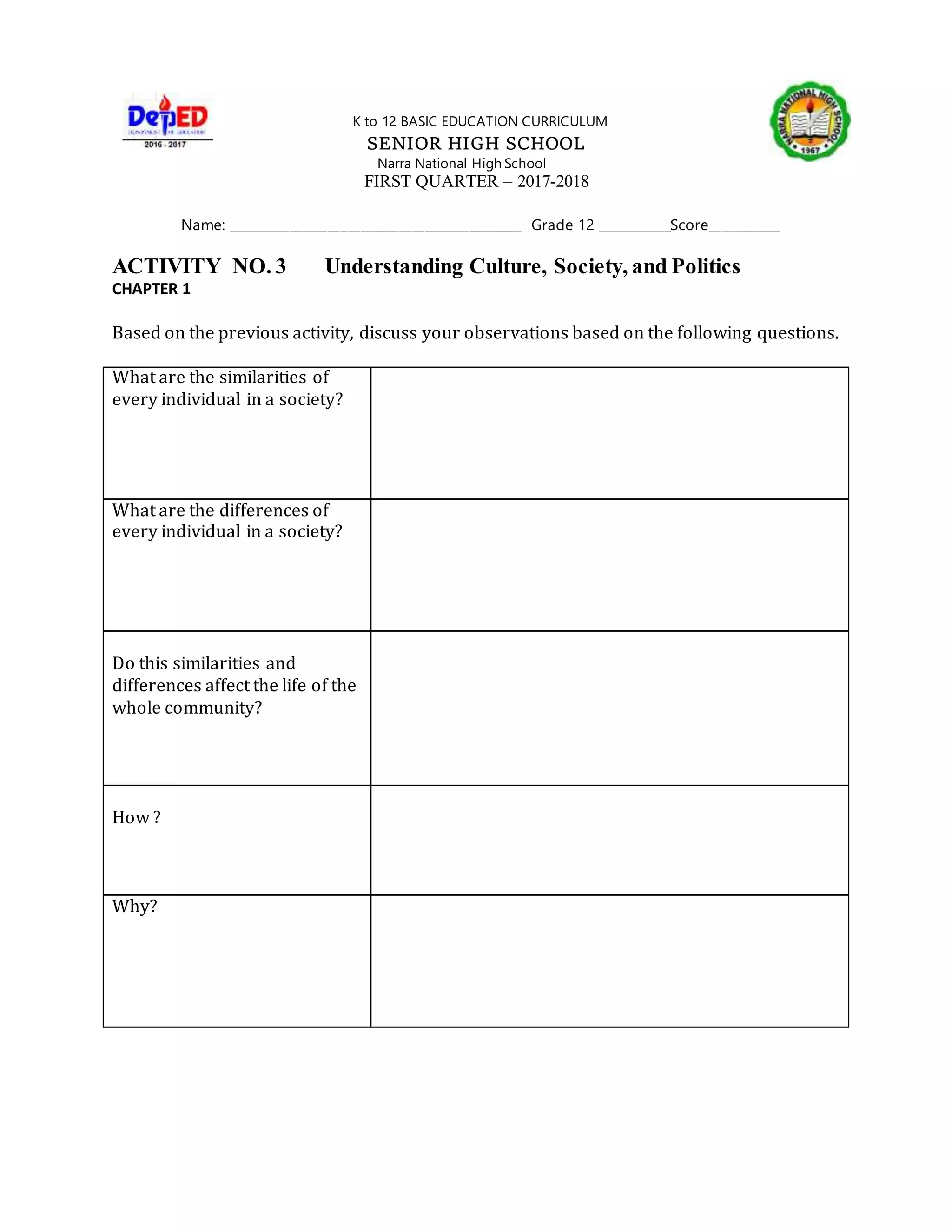 3Understanding Society, Culture & Politics activity sheets | DOCX