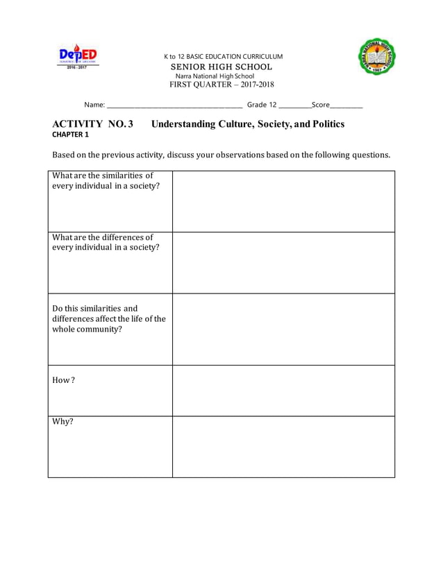 3Understanding Society, Culture & Politics activity sheets | DOCX