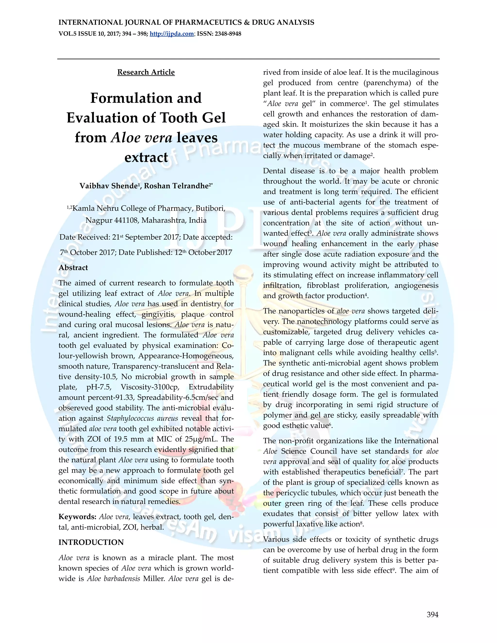 Formulation and evaluation of tooth gel from aloe vera leaves extract | PDF