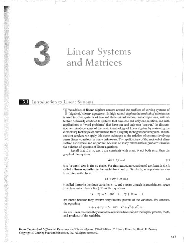 Linear Algebra and Differential Equations by Pearson - Chapter 3 Linear Algebra and Differential Equations by Pearson - Chapter 3