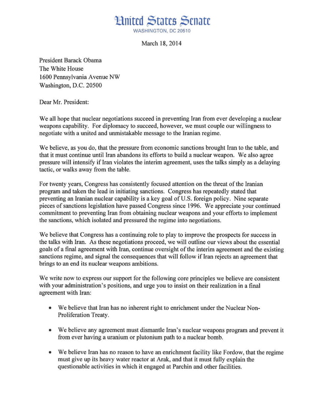 3 18-14 letter to potus re iran negotiations | PDF