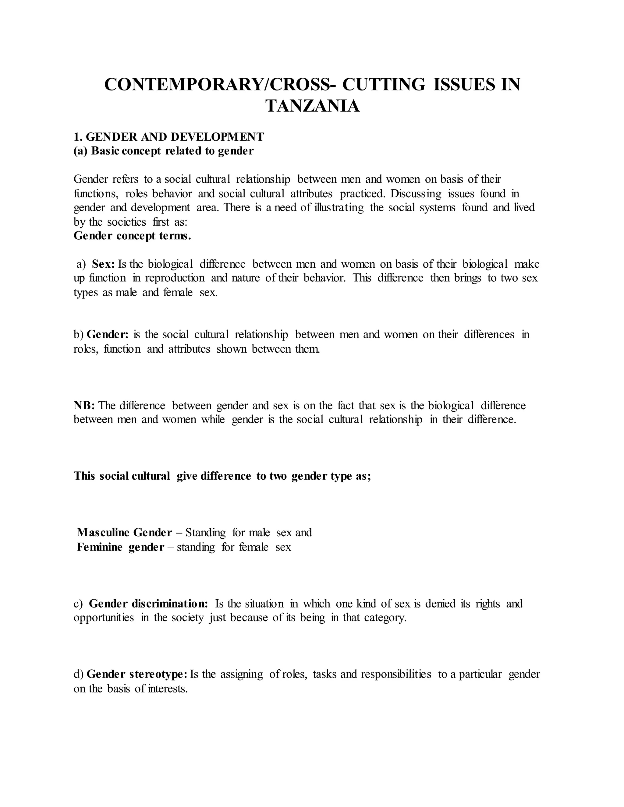 CONTEMPORARY/CROSS- CUTTING ISSUES IN TANZANIA | DOCX