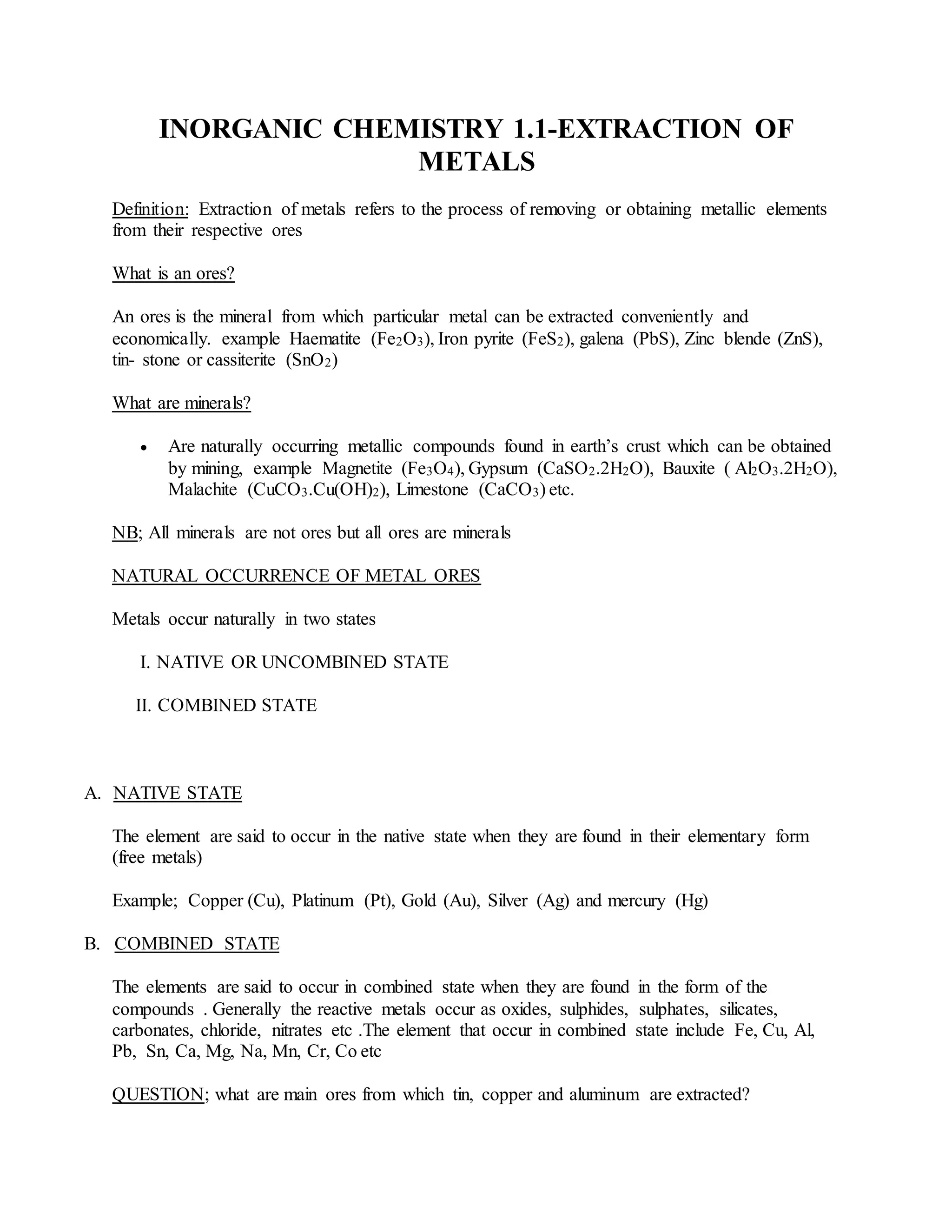 INORGANIC CHEMISTRY 1.1-EXTRACTION OF METALS | DOCX