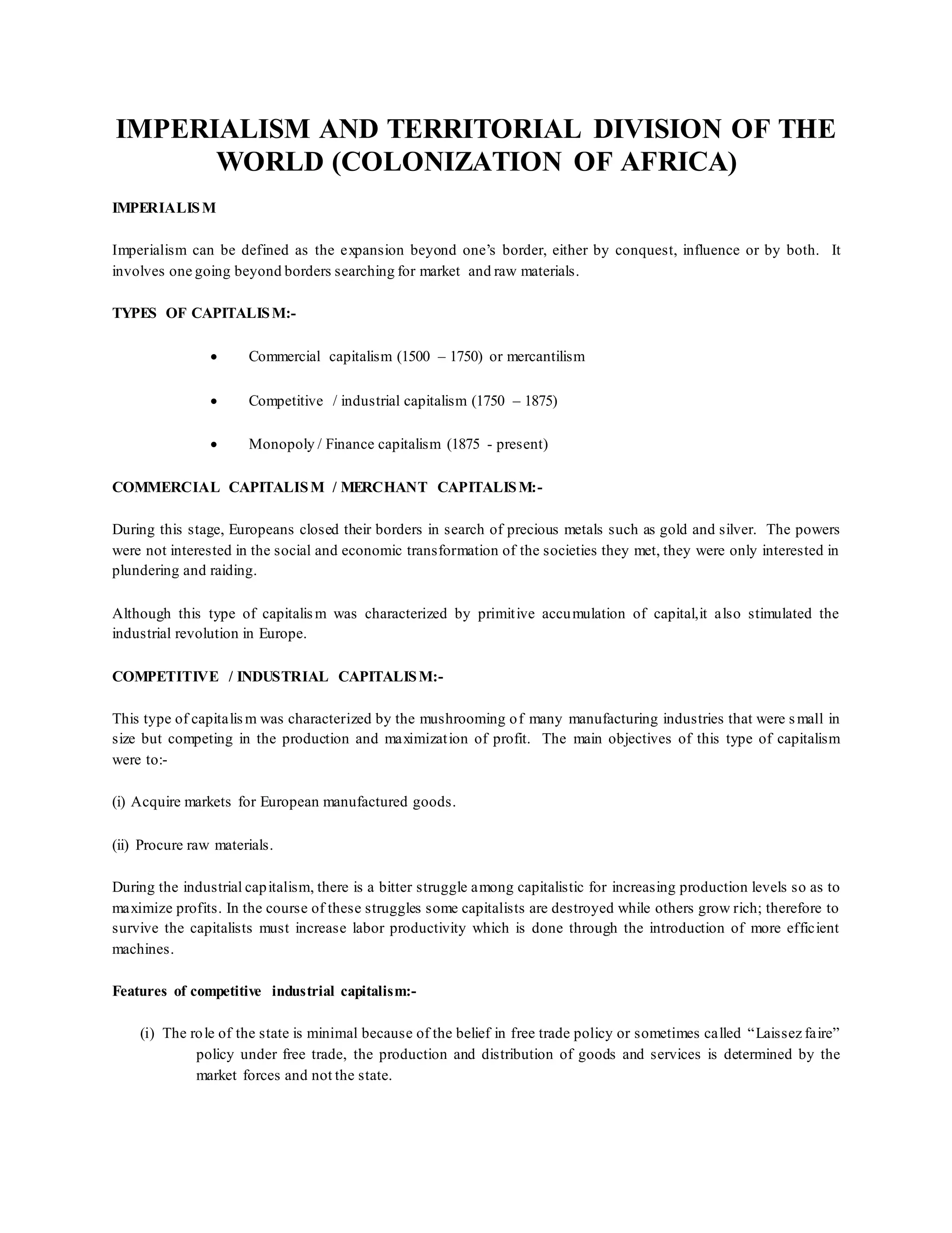 IMPERIALISM AND TERRITORIAL DIVISION OF THE WORLD (COLONIZATION OF ...