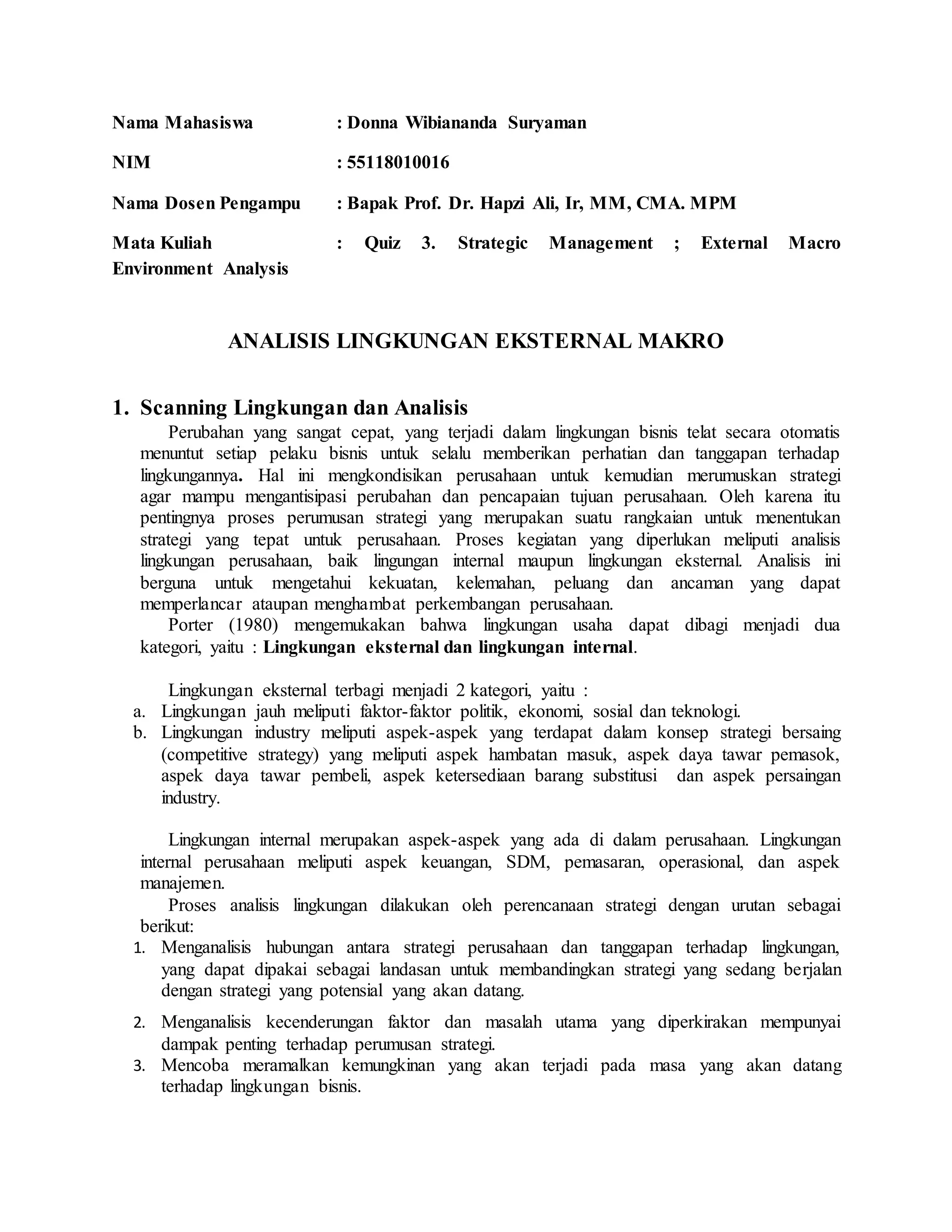 External Macro Environment Analysis. Universitas Mercu Buana. 2019 | DOCX