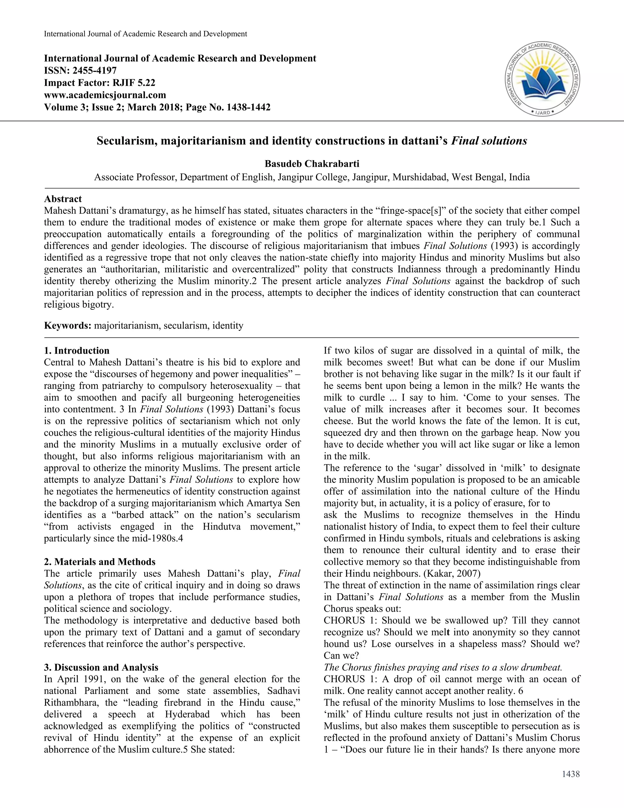 Secularism , majoritarianism , identity in final solution | PDF