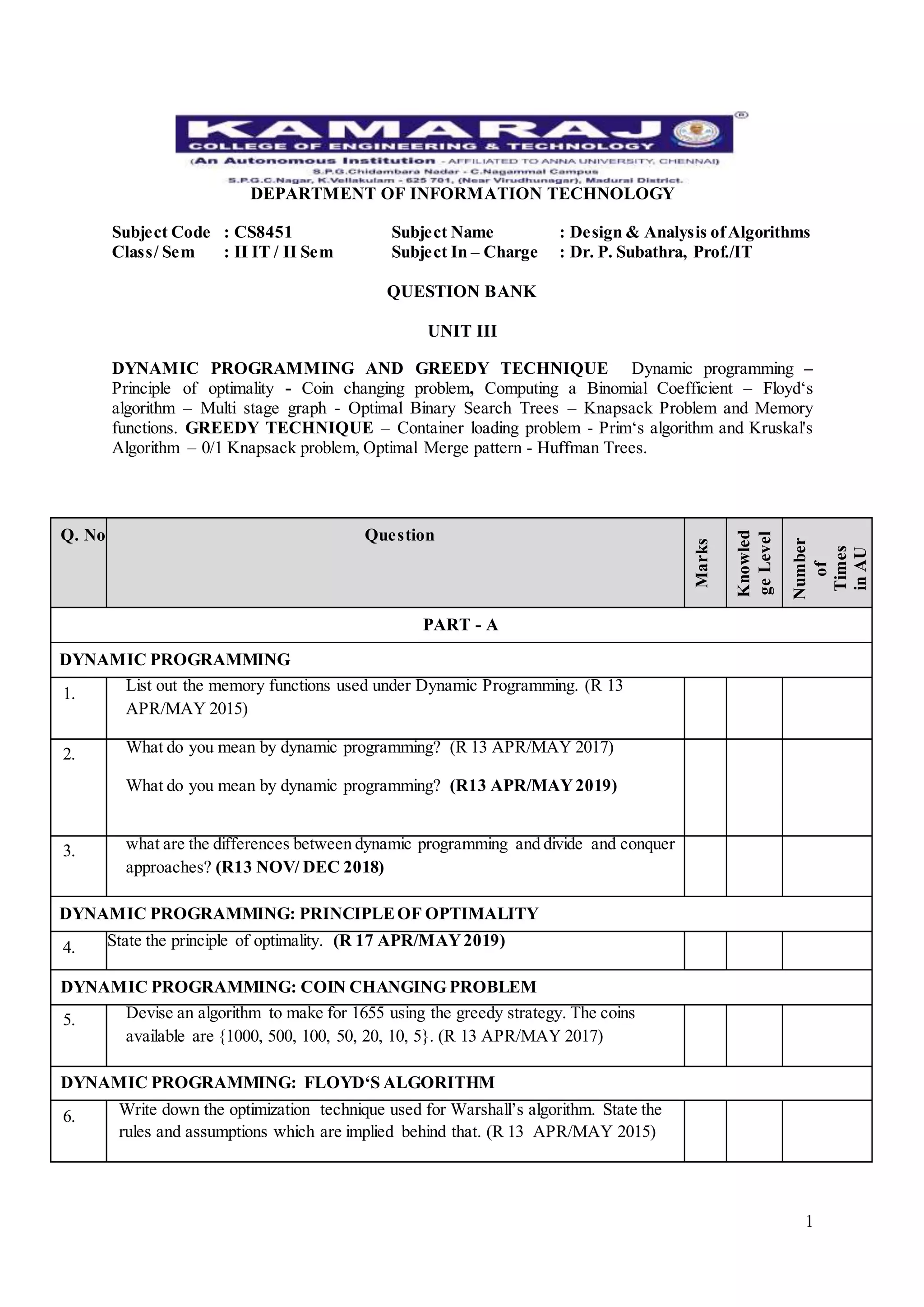 3. cs8451 daa anna univ question bank unit 3 | DOC | Programming Languages | Computing