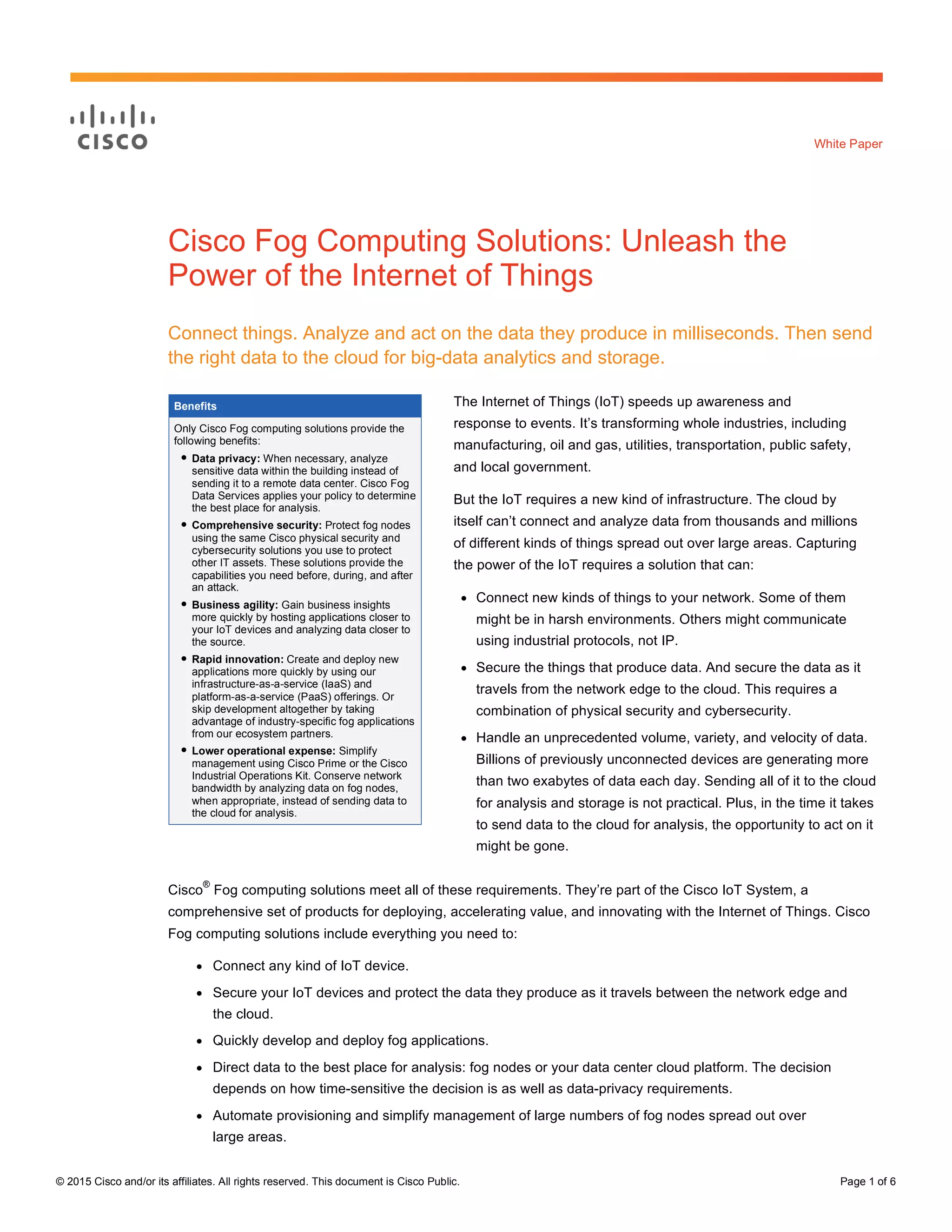 Cisco Fog Computing Solutions: Unleash the Power of the Internet of Things | PDF