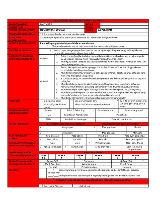 RPH Pecahan Tahun 1 | DOCX