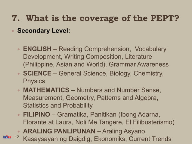 DEPARTMENT OF EDUCATION 2016 PEPT _PLACEMENT TEST | PPTX | Standardized ...
