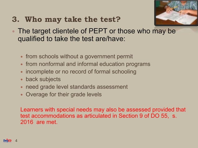 DEPARTMENT OF EDUCATION 2016 PEPT _PLACEMENT TEST | PPTX | Standardized ...