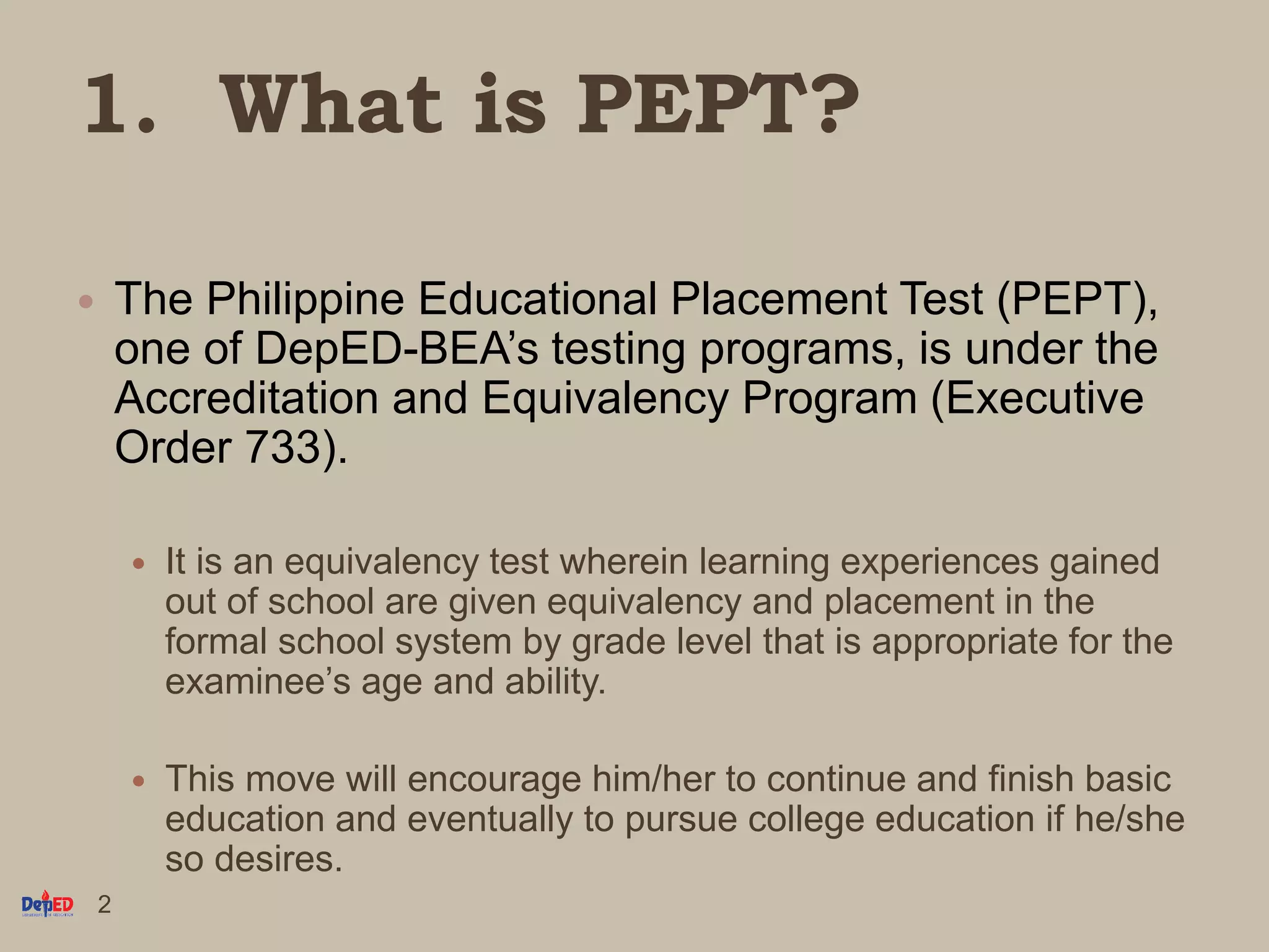 3 2016 pept overview - philippine educational placement test | PPTX