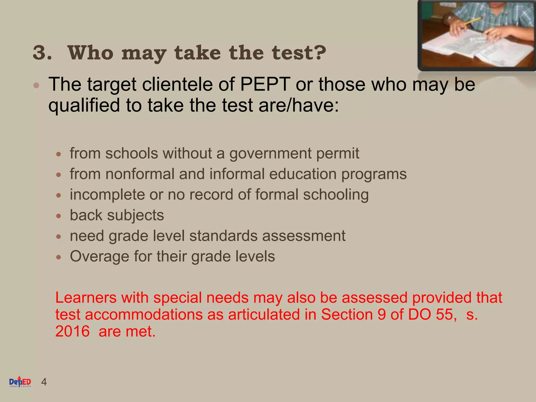 3 2016 pept overview - philippine educational placement test | PPTX
