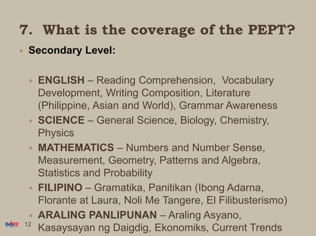 3 2016 pept overview - philippine educational placement test | PPTX