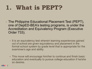 3 2016 pept overview - philippine educational placement test | PPTX