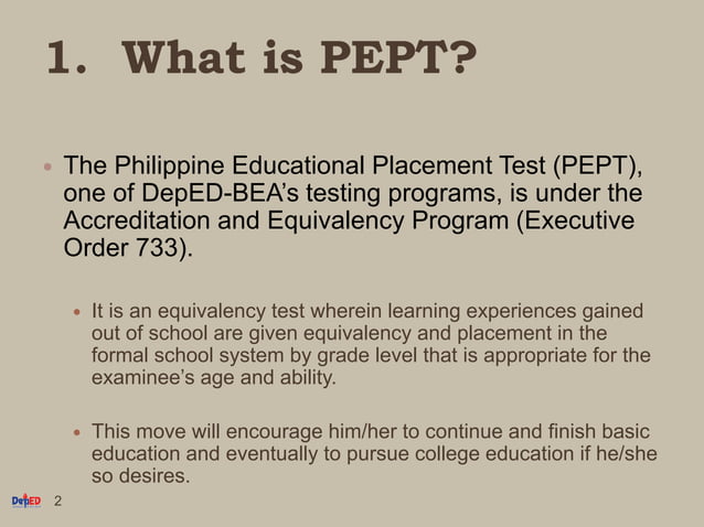 3 2016 pept overview - philippine educational placement test | PPTX