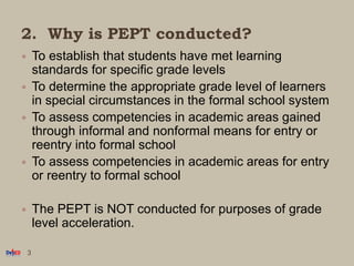 3 2016 pept overview - philippine educational placement test | PPTX