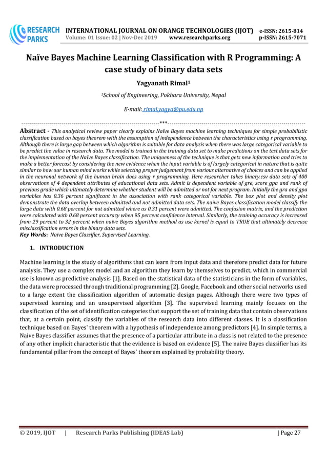 Naïve Bayes Machine Learning Classification with R Programming: A case study of binary data sets ...