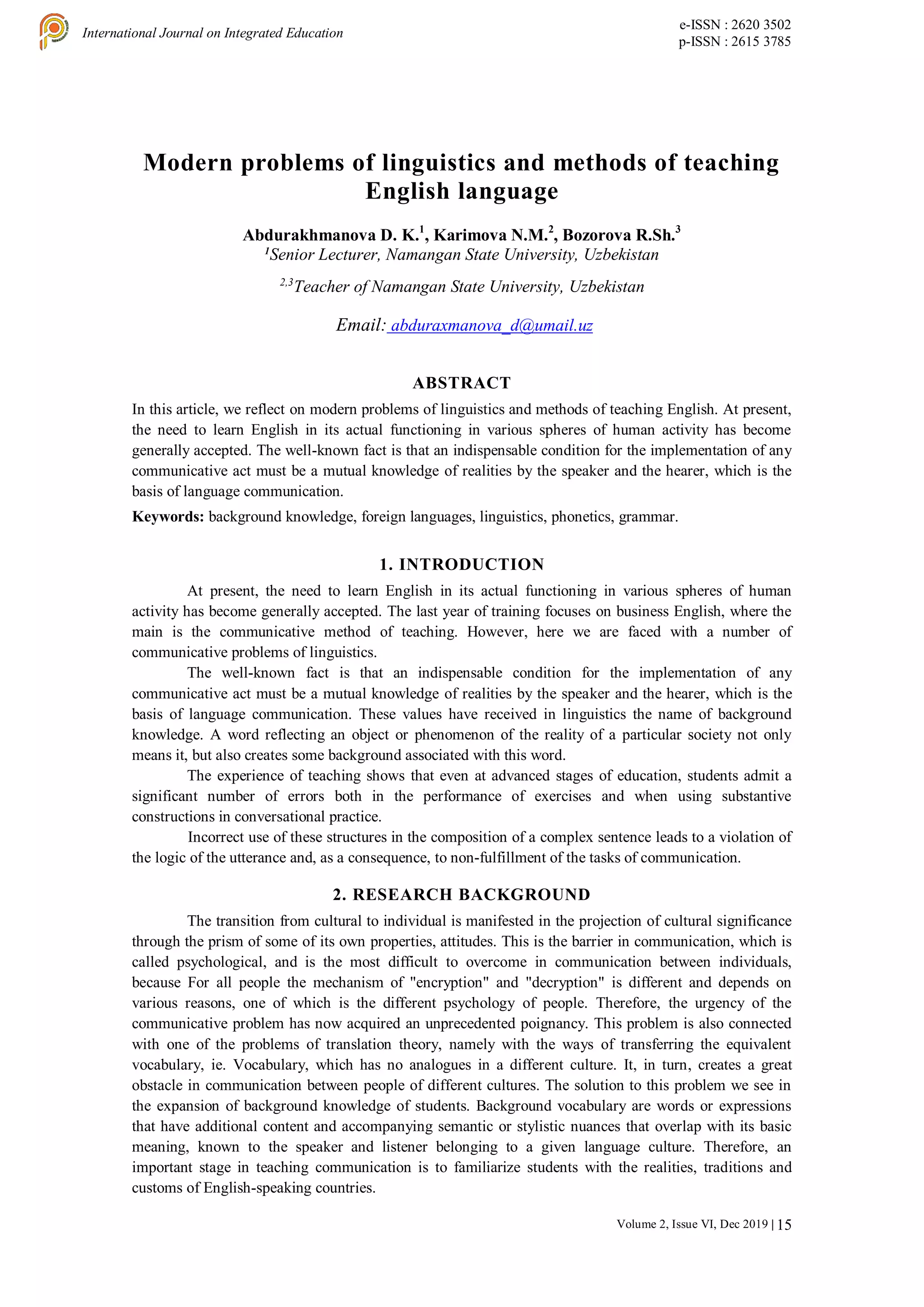 Modern problems of linguistics and methods of teaching English language ...