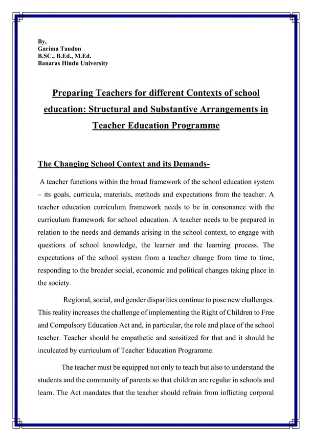Preparing Teachers for different Contexts of school education ...